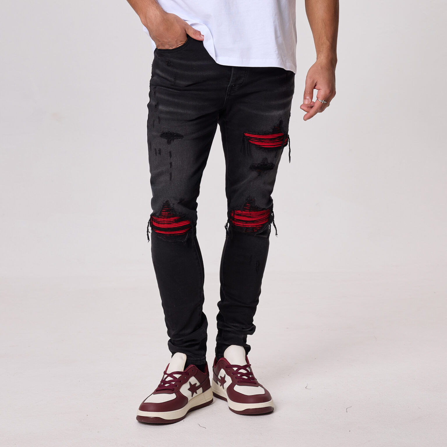 Aged Black Red Suede Jeans - Mike Department